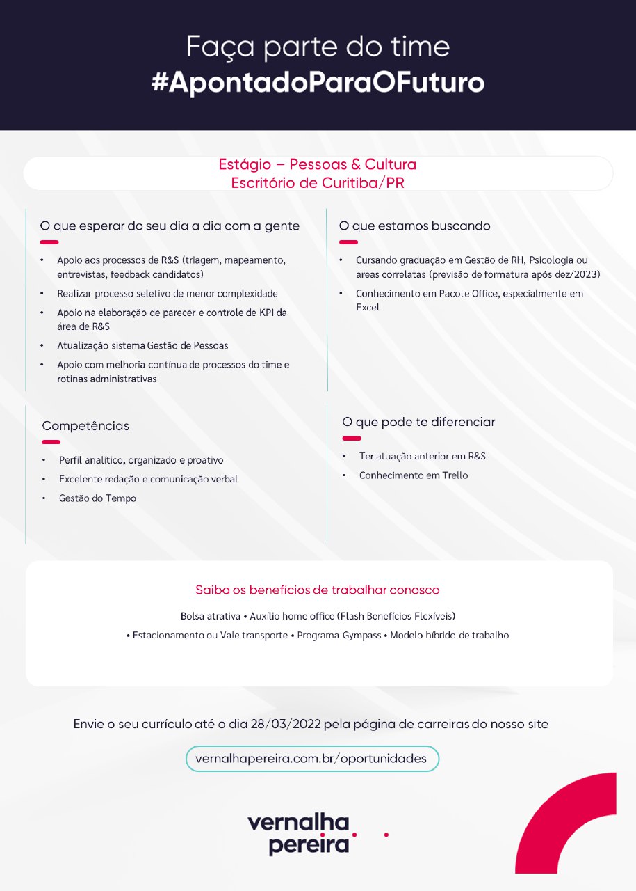 Oportunidade Estágio – Pessoas & Cultura (17/03) - Central de Carreiras UniOpet